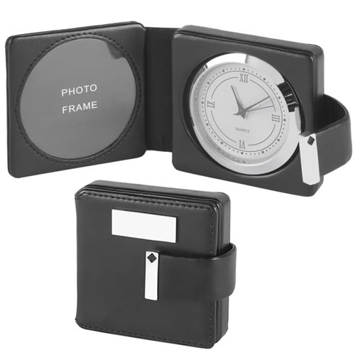 Personalised Leather Travel Clock with Photo Frame - Business Gifts Express