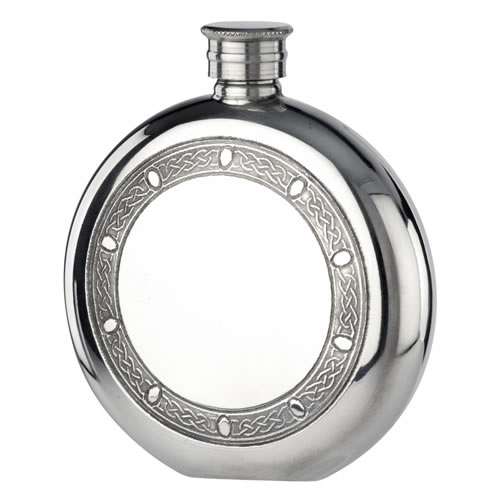 Engraved Celtic Circle 5oz Round Pewter Flask - Business Gifts Express