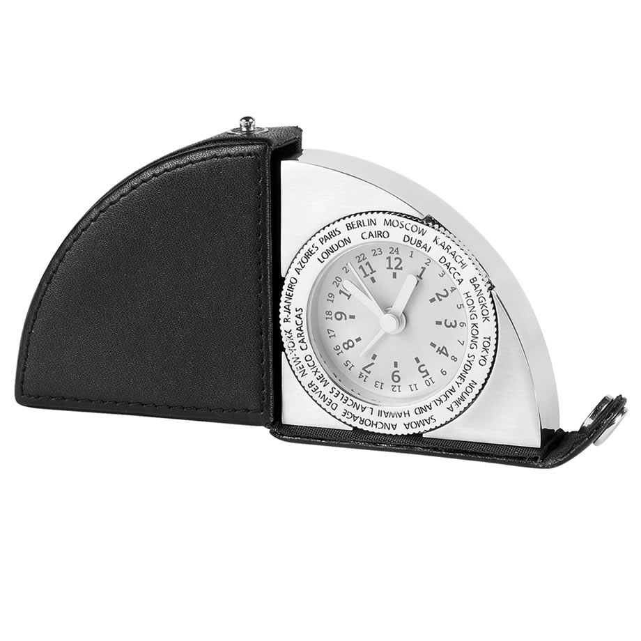 Engraved Leather & Silver Folding Travel Clock - Business Gifts Express