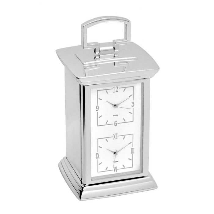 Engraved Silver Plated Dual Time Carriage Clock - Business Gifts Express